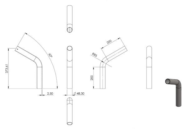 Edelstahl Rohrbogen 60° mit Bogenauslauf ca. 200 mm, V2A | widmann-shop.de