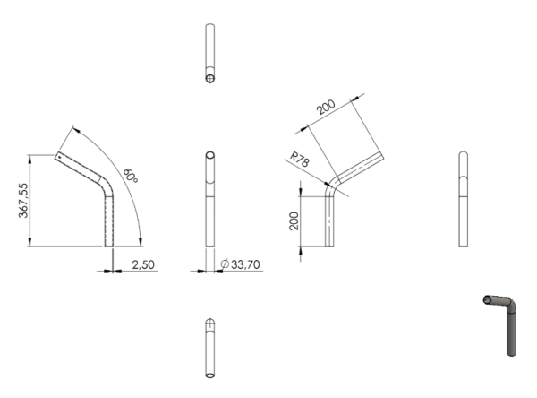 Edelstahl Rohrbogen 60° mit Bogenauslauf ca. 200 mm, V2A | widmann-shop.de