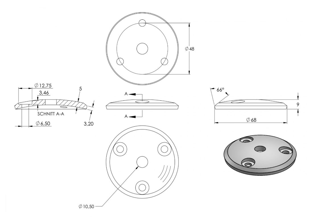 Edelstahl Ronde gewölbt, mit Fase, Mittelbohrung und 3 gesenkte Bohrungen, Rundschliff, V2A/V4A ...